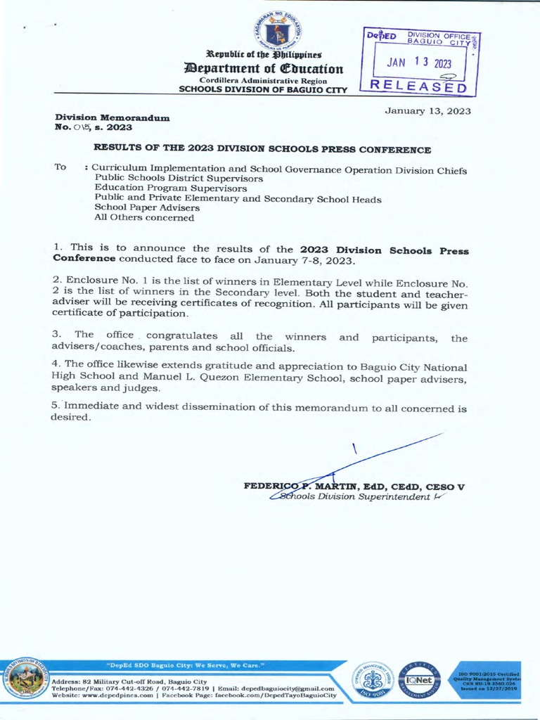 Division Memo No. 15 S. 2023 Results of The 2023 Division Schools Press ...