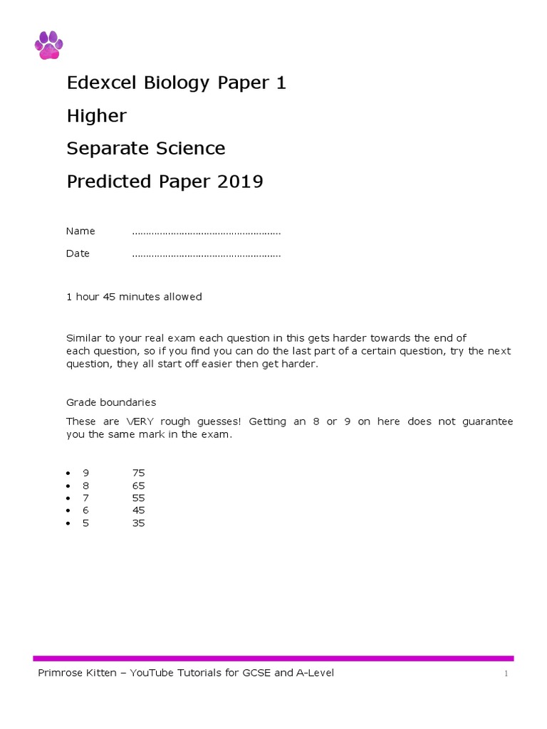 Edexcel Separate Science - Biology Paper 1 - Predicted Paper 2019 ...