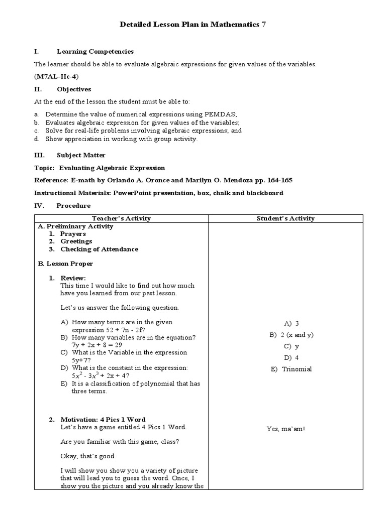 DEMO Detailed Lesson Plan in Mathematics 7 | PDF | Variable ...