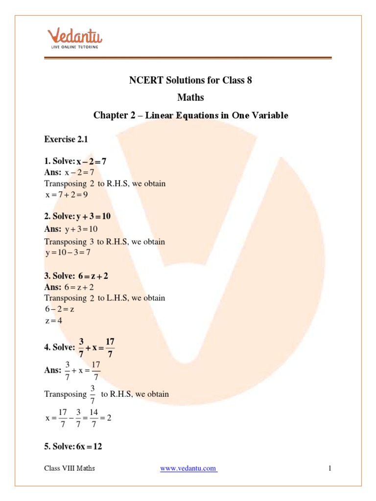 Ncert Solutions Class 8 Maths Chapter 2 Linear Equations in One Variable | PDF | Equations | Length