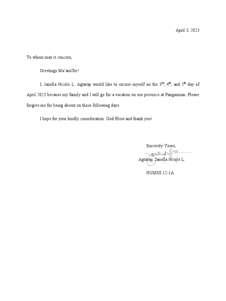 Excuse Letter | PDF