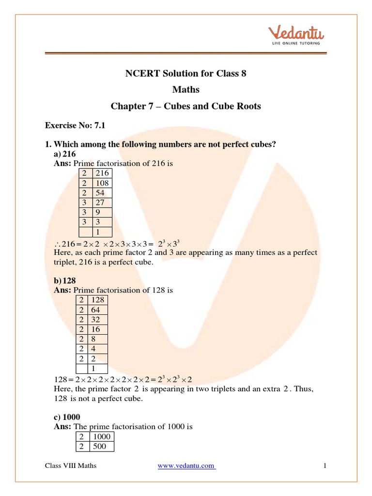 Ncert Solutions Class 8 Maths Chapter 7 Cubes and Cube Roots | PDF | Numbers | Factorization