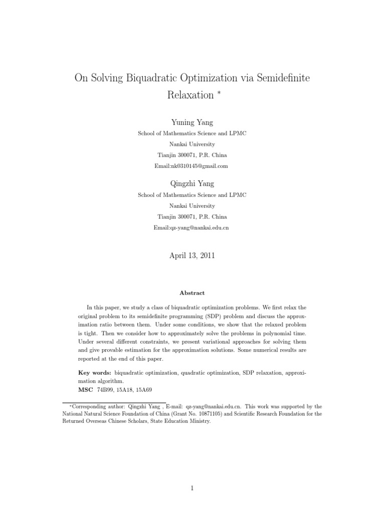 On Solving Biquadratic Optimization Via Semidefinite Relaxation | PDF | Mathematical ...