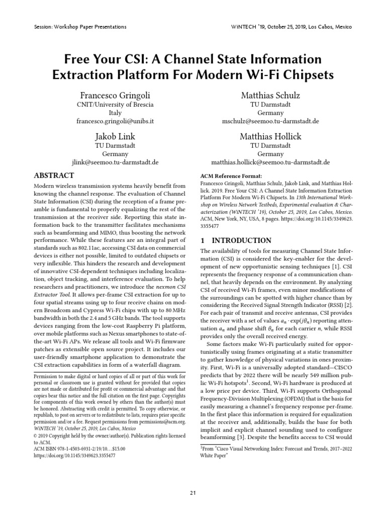 Free Your CSI: A Channel State Information Extraction Platform For Modern Wi-Fi Chipsets | PDF