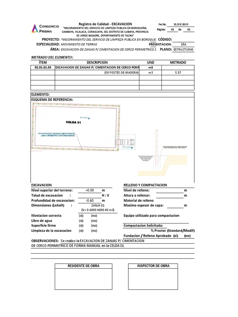 Protocolo de Excavacion para Cerco Perimetrico - Celda 01 | PDF | Fundación (Ingeniería ...