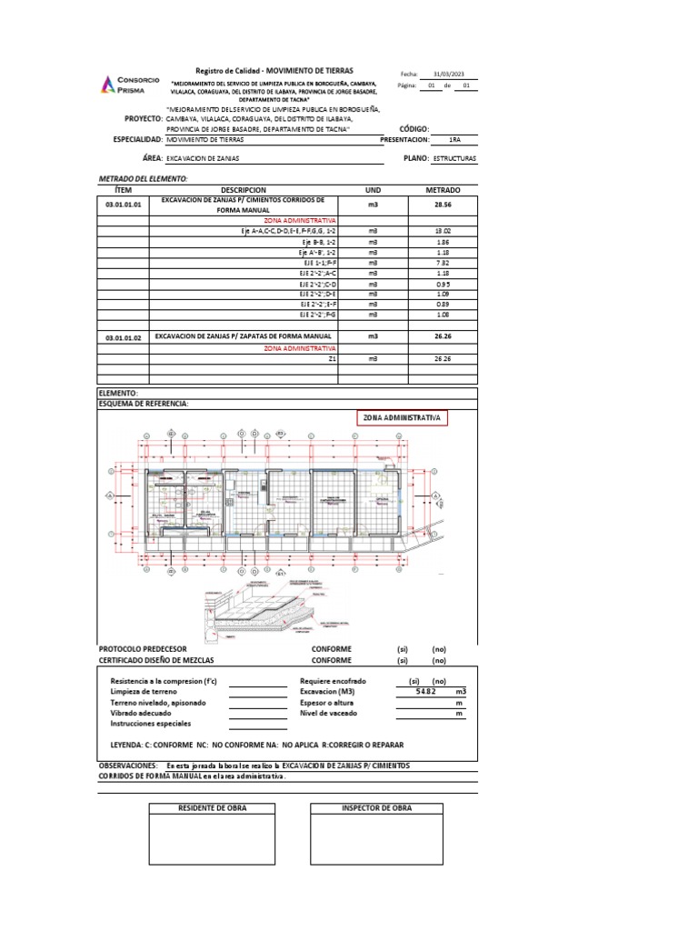 Protocolo de Excavacion para Cimientos Corridos y Zapatas - Area Administrativa | PDF