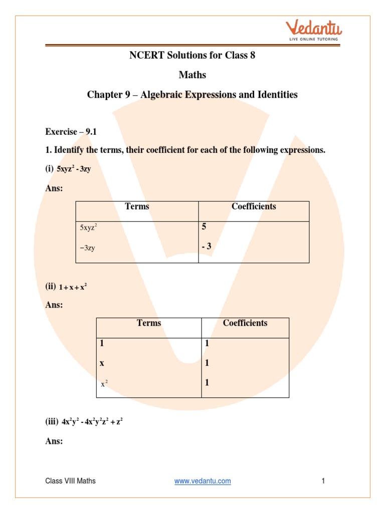 Ncert Solutions Class 8 Maths Chapter 9 Algebraic Expressions and ...