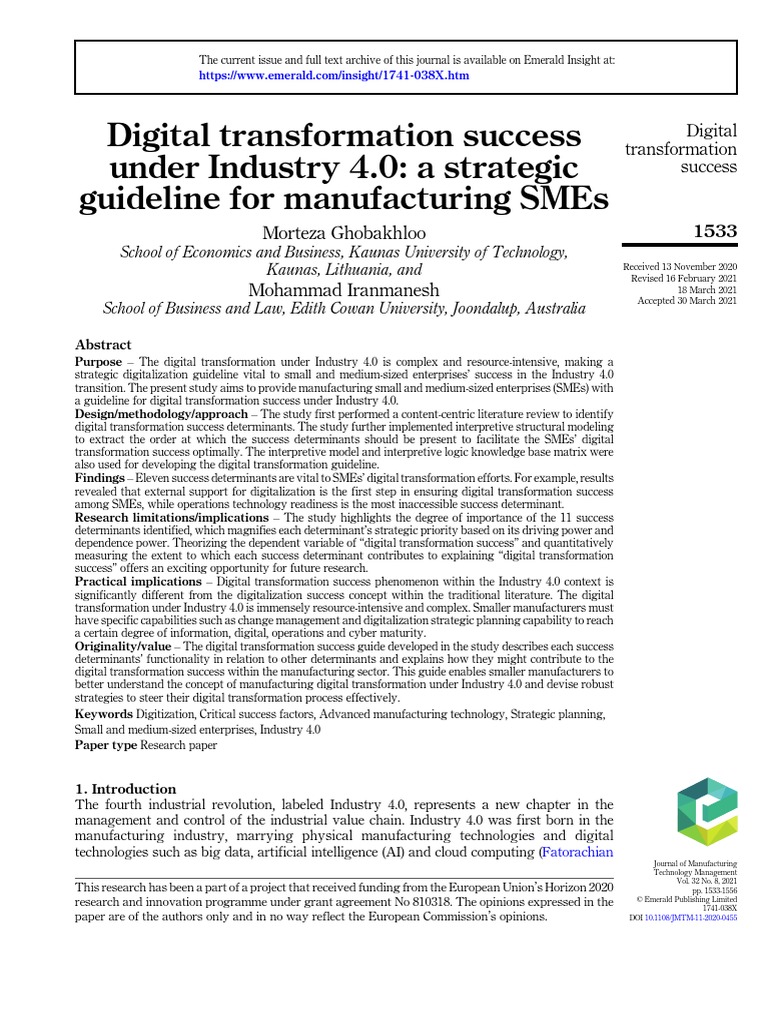 Digital Transformation Success Under Industry 4.0 A Strategic Guideline For Manufacturing SMEs ...