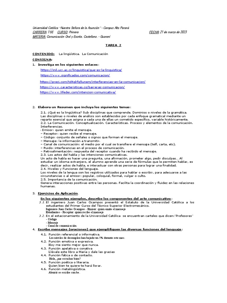 Tarea 2. Linguística. La Comunicación | PDF | Comunicación | Lingüística
