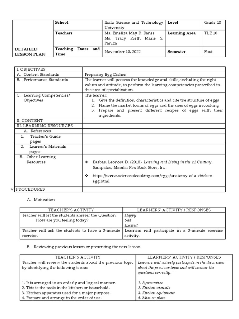Detailed Lesson Plan For Asean Final 1 | PDF | Egg As Food | Teachers