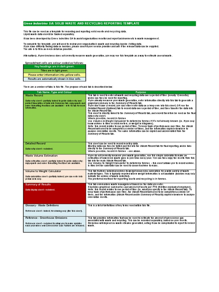 Waste and Recycling Reporting Template - EXAMPLE | PDF