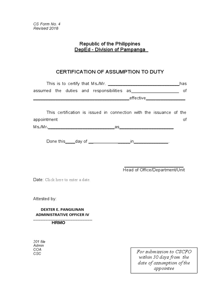 Cs Form No. 4 Certification of Assumption To Duty | PDF