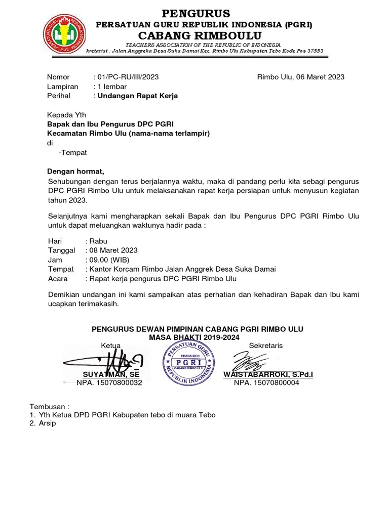 Undangan Rapat Kerja Pengurus DPC Pgri Rimbo Ulu | PDF | Ilmu Sosial | Gaya Hidup