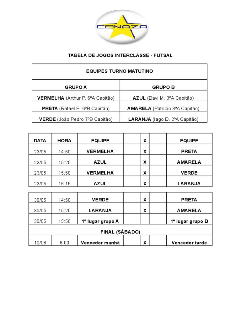 Tabela de Jogos Interclasse Cenaza | PDF