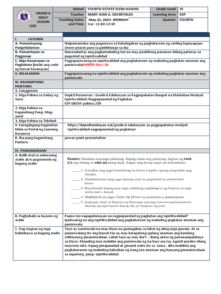 TOPIC 4 ESP 6 Q4 Pagpapaliwanag Na Ispiritwalidad | PDF
