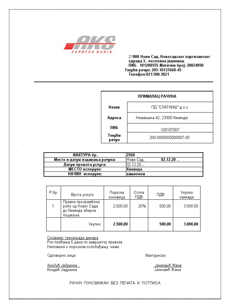 FA-B8 Racun Za Prevoz Aks Br.2560 | PDF