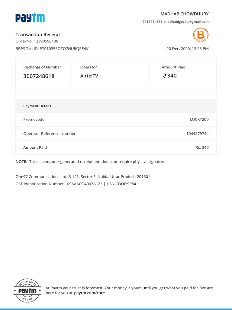 Airtel TV Recharge Receipt For Landlord6 | PDF