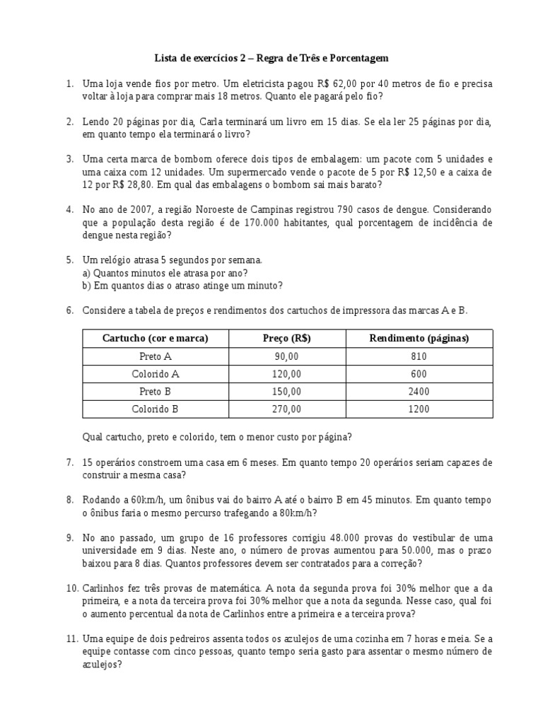 Lista 02 - Regra de Três e Porcentagem | PDF