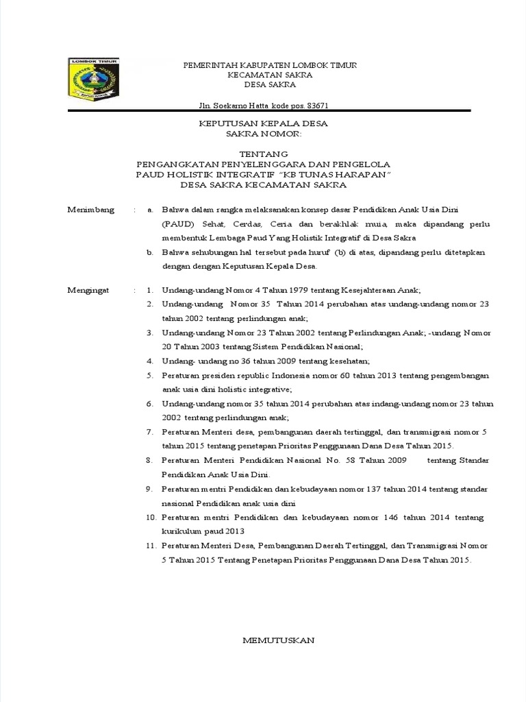 PDF Contoh SK Paud Hi | PDF