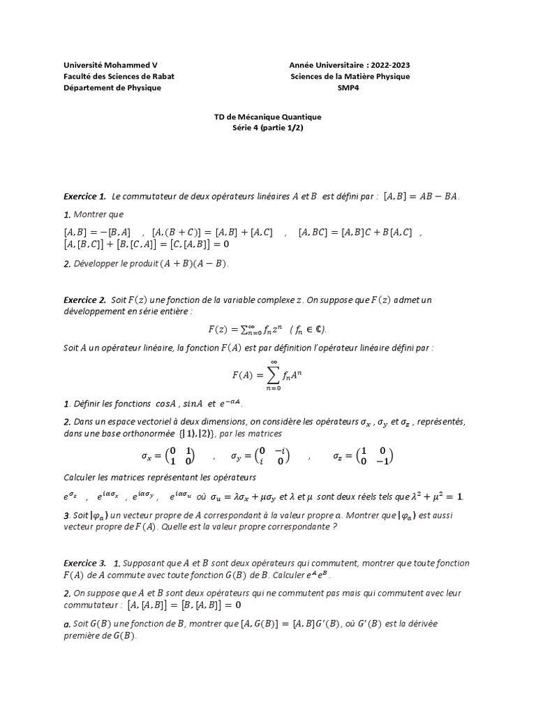 SMP4 TD Mécanique Quantique Printemps 2023 Série4 1 | PDF | Base ...