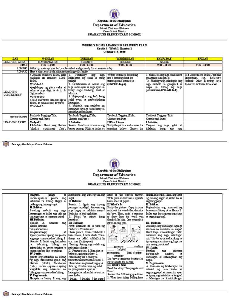 WEEKLY-HOME-LEARNING-PLAN Grade 3 WEEK 1 (Autosaved) - 1 | PDF
