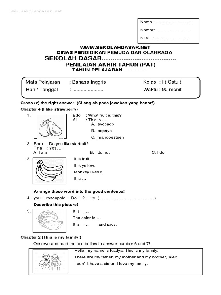 Soal Pat Bahasa Inggris Kelas 1 | PDF | Tropics | Tropical Fruit