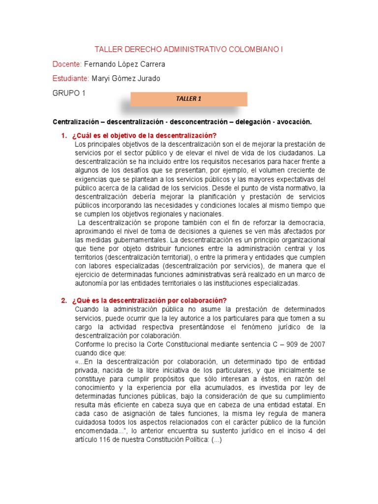 Taller Derecho Administrativo Colombiano I | PDF | Descentralización | Estado (política)