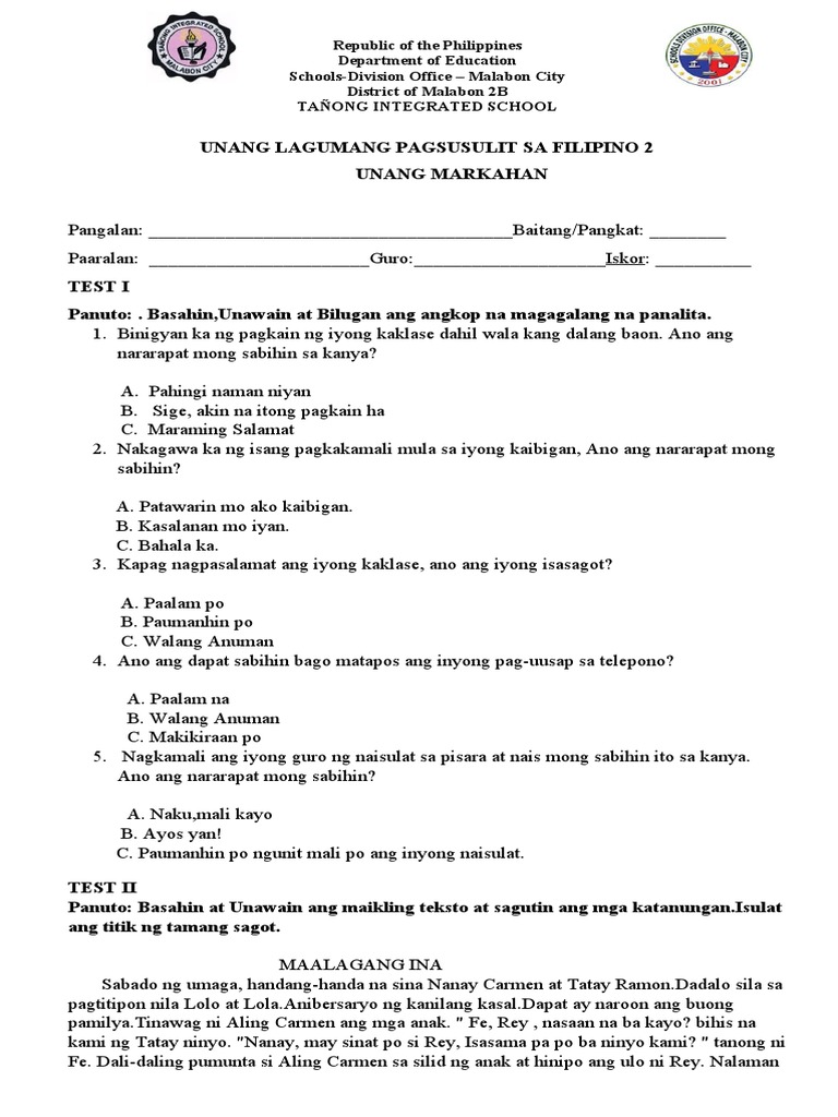 1ST Summative Test-Filipino-Q1-2022-2023 | PDF