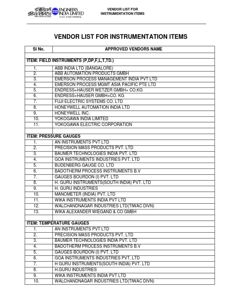 Vendor List For Instrumentation Items Ve | Download Free PDF | Pressure Measurement | Equipment