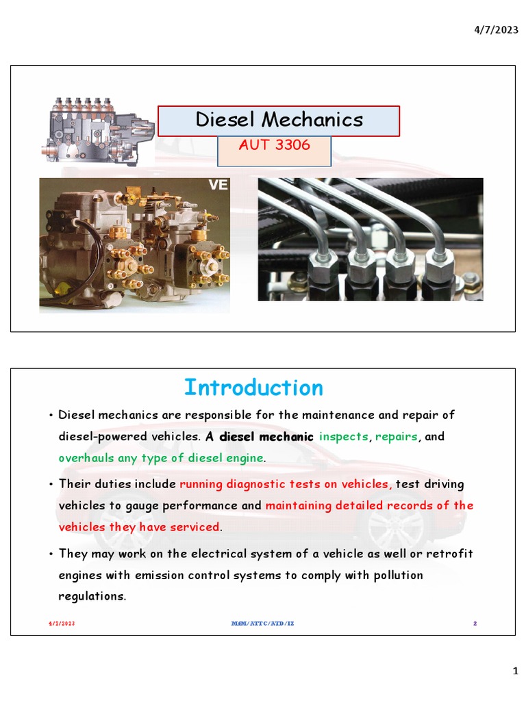 Diesel Mechanics 2023 Handout 01 | PDF | Diesel Engine | Internal Combustion Engine