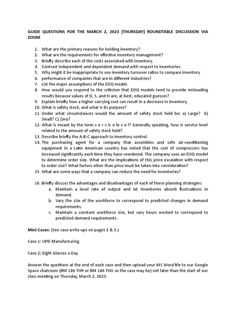 Guide Questions - Inventory & Aggregate Planning | PDF | Inventory | Forecasting