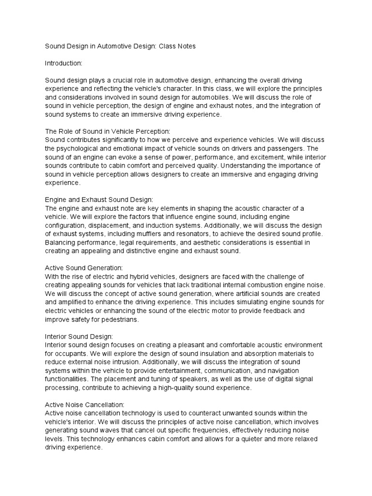 Sound Design in Automotive Development Class Notes | PDF | Sound | Engines
