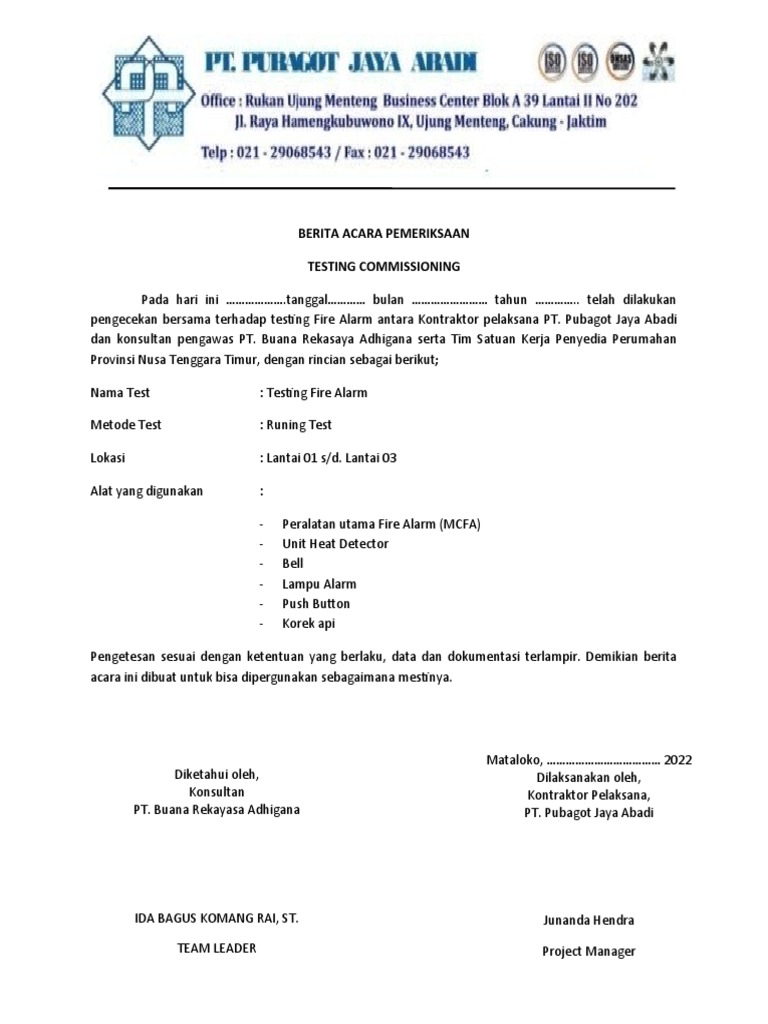 Berita Acara Testing Fire Alarm | PDF