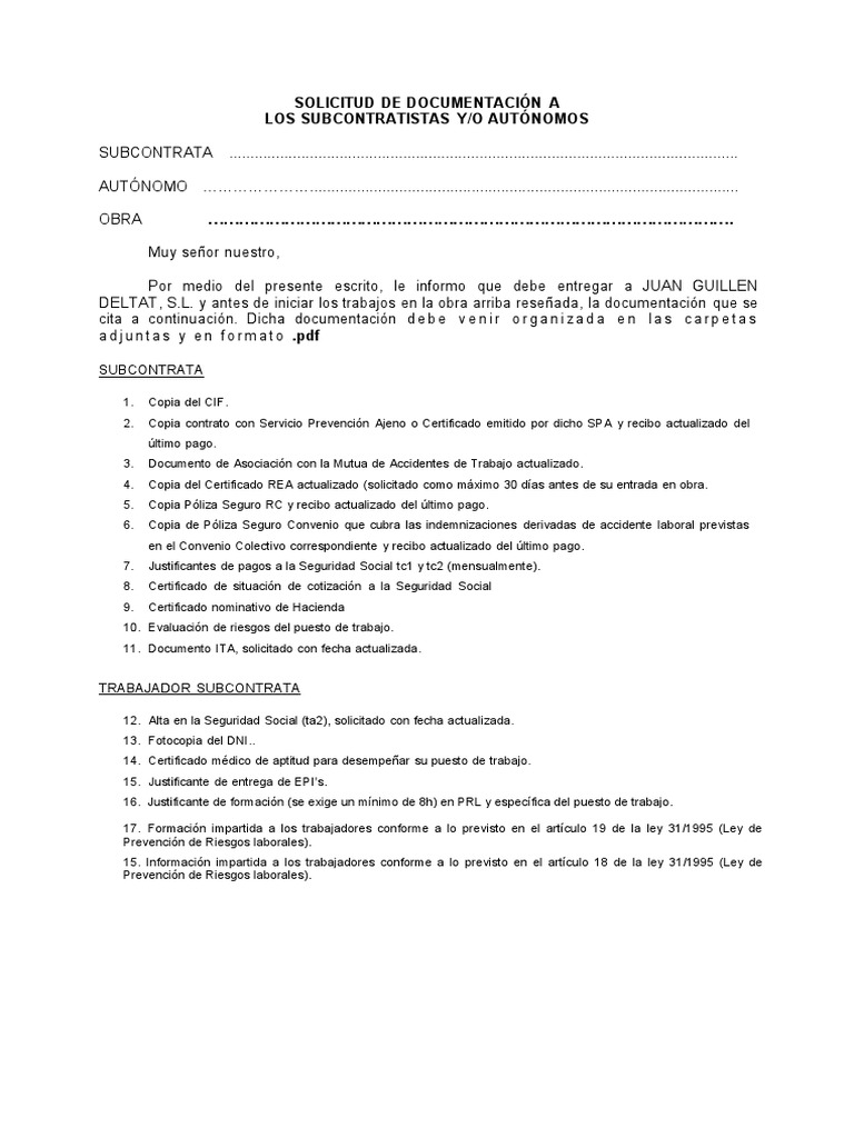 Solicitud documentación Subcontratas | PDF