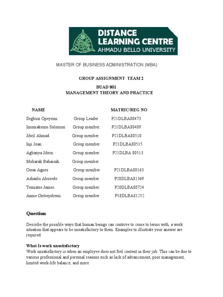 Buad 801 Group Assignment Team 2 Two | PDF | Job Satisfaction | Employment