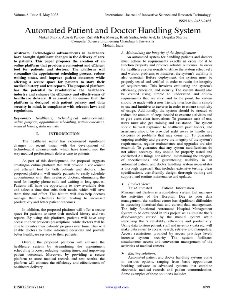Automated Patient and Doctor Handling System | PDF | Electronic Health Record | Health Care