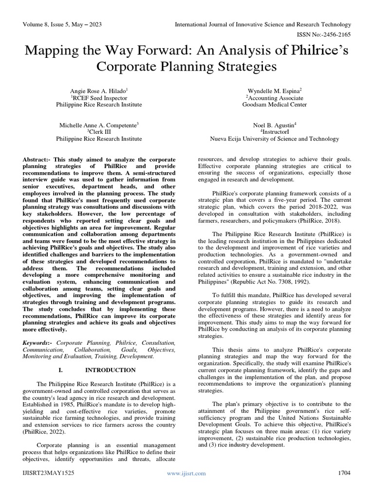 Mapping The Way Forward An Analysis of Philrice's Corporate Planning ...