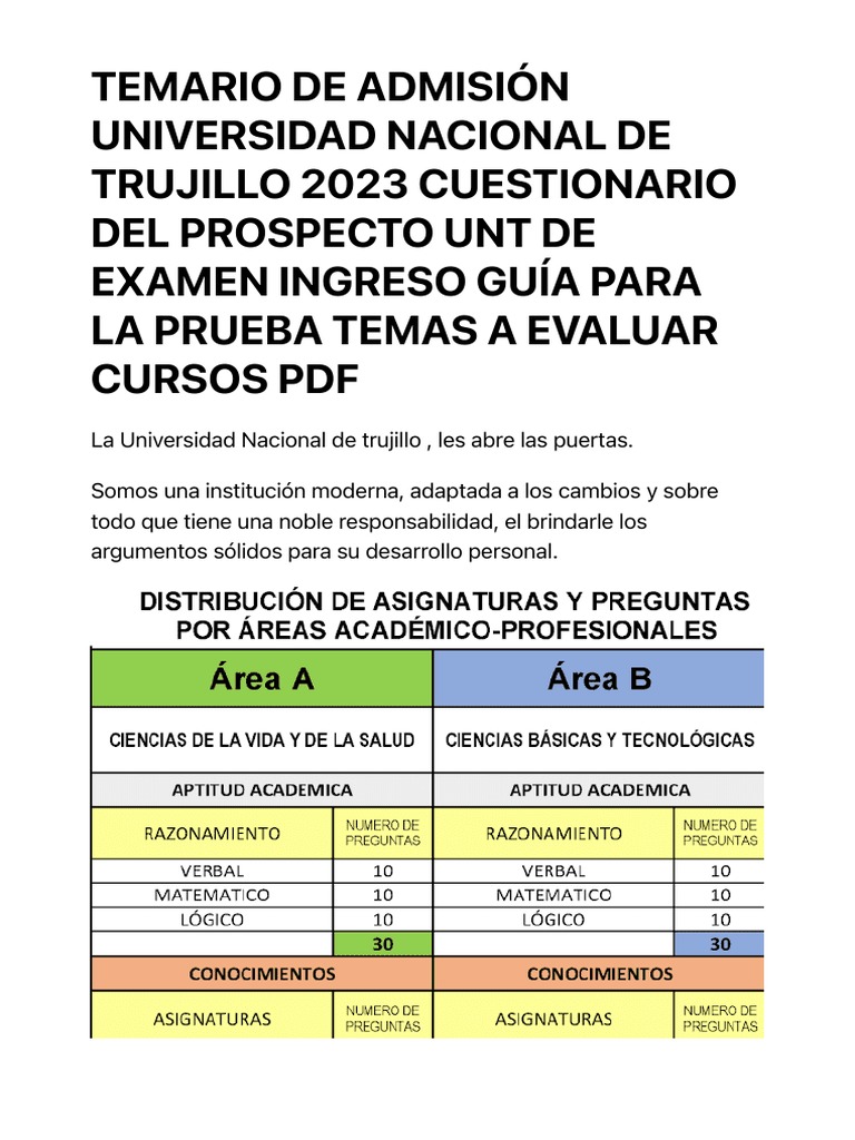 Temario de Admisión Universidad Nacional de Trujillo 2023 Cuestionario Del Prospecto Unt de ...
