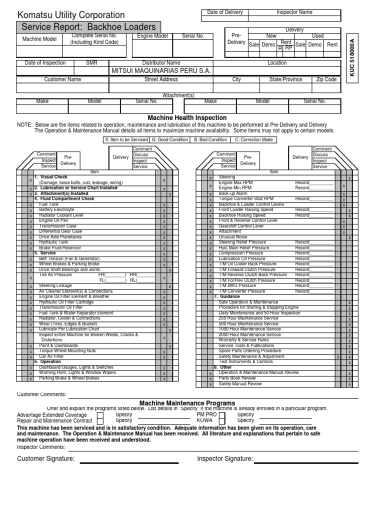 Formato - Service Report Backhoe Loader KIM | PDF | Clutch | Automotive ...