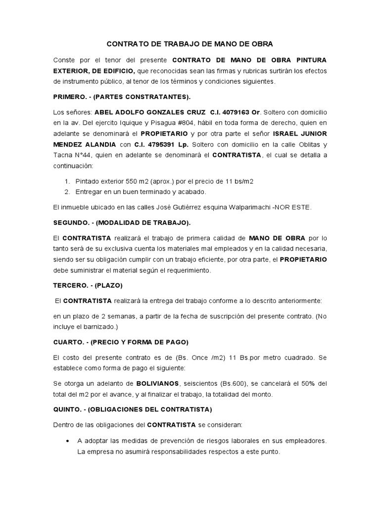 Contrato de Trabajo de Mano de Obra Contratista | PDF