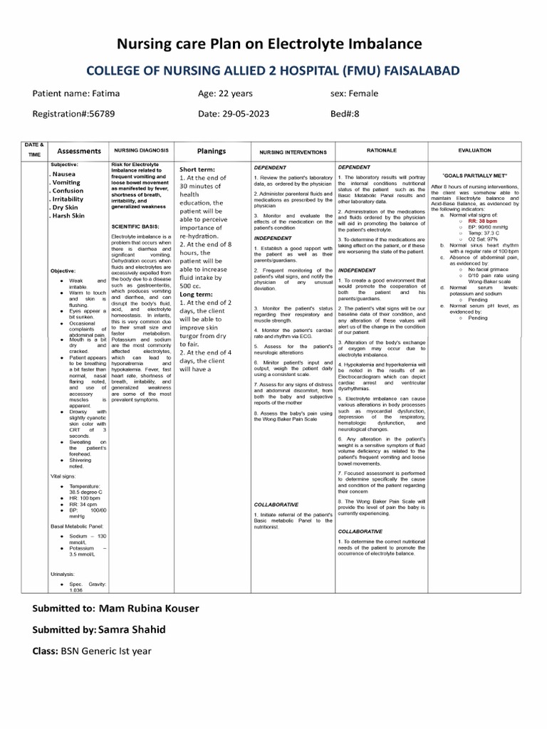 Nursing Care Plan For Electrolytes Imbalance | PDF