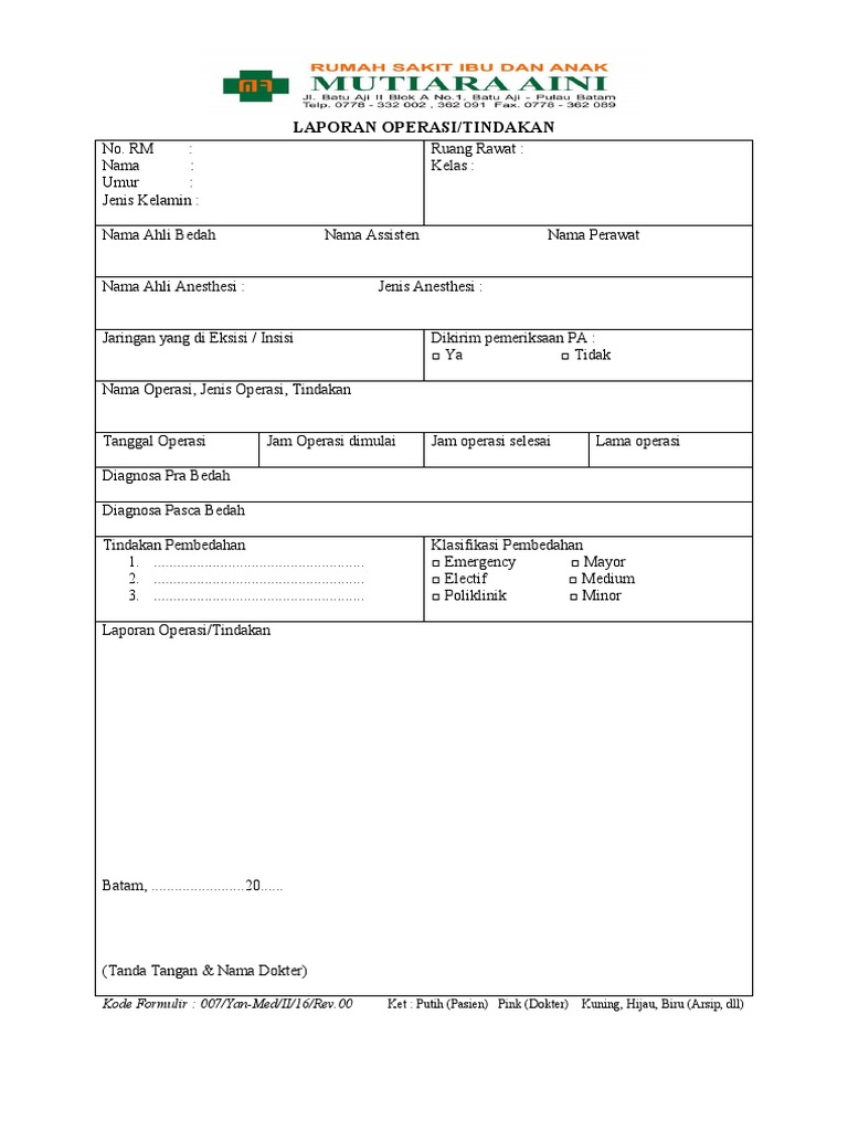 Formulir Laporan Operasi Atau Tindakan | PDF