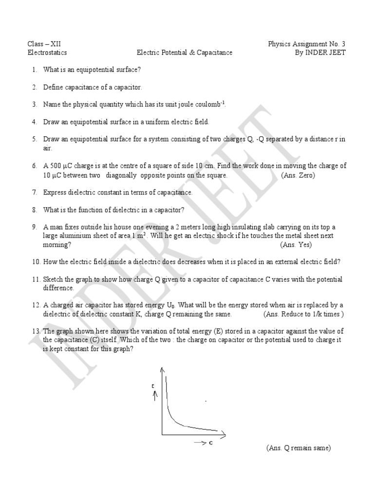 Assignment 3 Potential & Capacitance XII | PDF | Capacitance | Capacitor