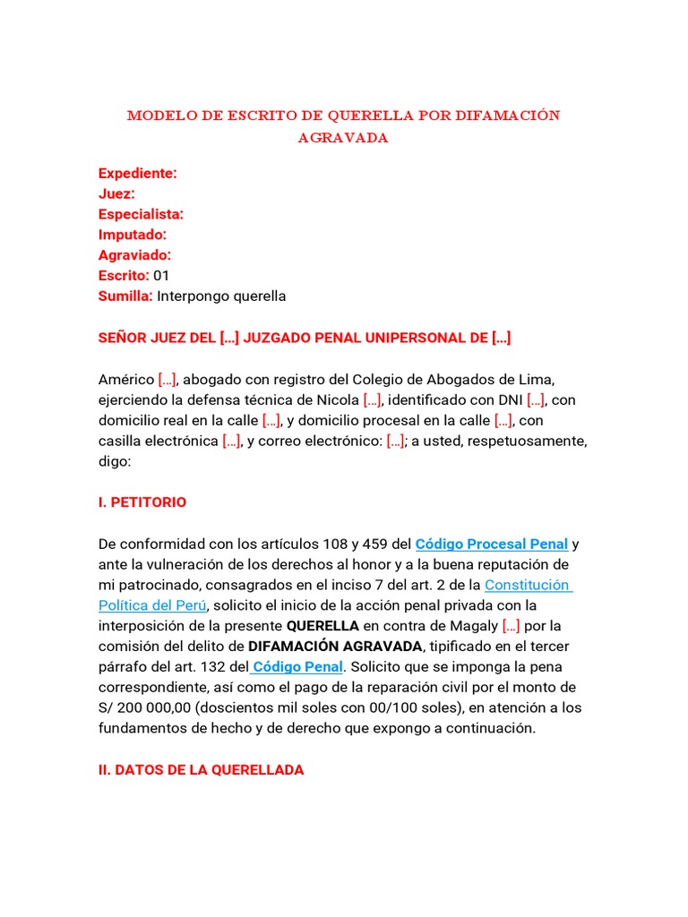 MODELO de Querella Por Difamacion | PDF | Queja | Daños y perjuicios