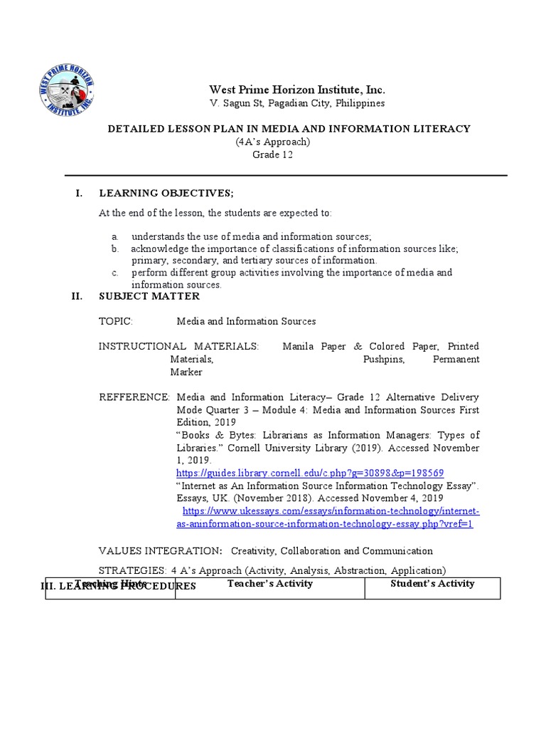SEMI DETAILED LESSON PLAN FOR MEDIA AND INFORMATION LITERACY A4 Size | PDF