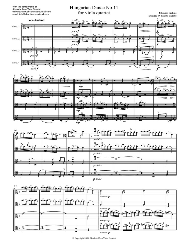 Brahms Hungarian Dance No11 4 Violas | PDF | Classical Music | String ...