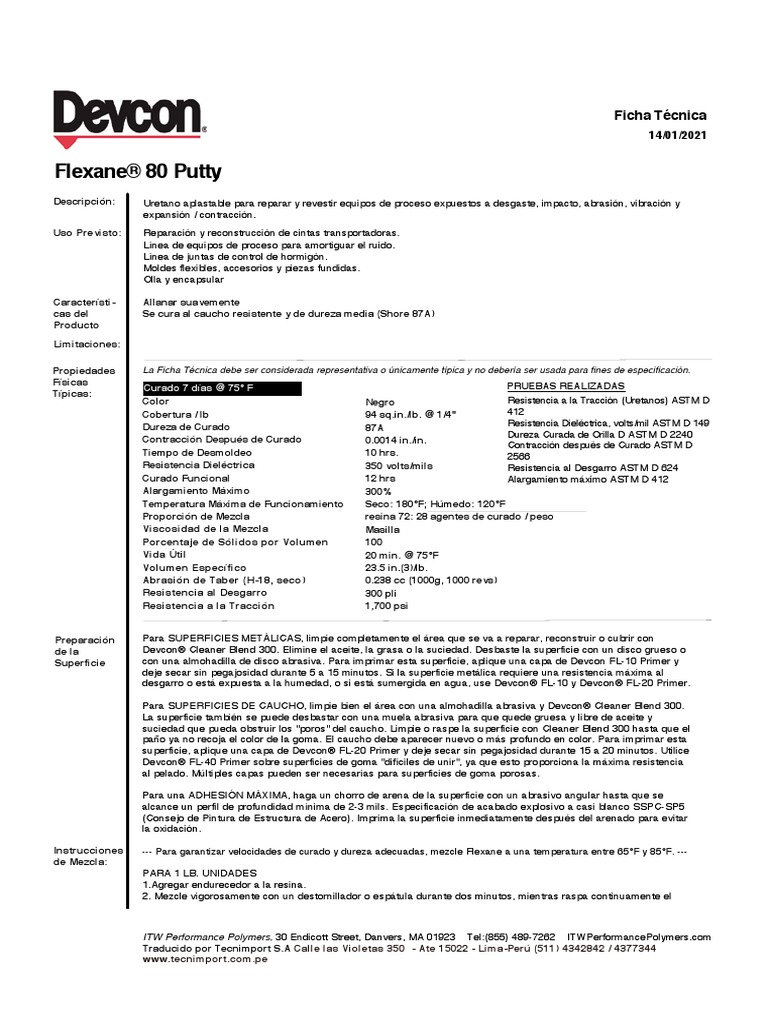 Ficha Técnica DEVCON-FLEXANE-80-PUTTY-FT | PDF | Abrasivo | Materiales de construcción