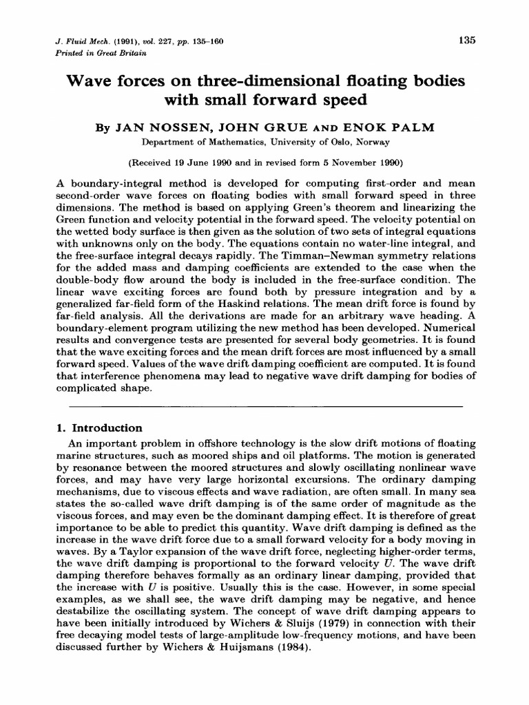 1991 - Wave Forces On Three-Dimensional Floating Bodies With Small Forward Speed | PDF | Fluid ...