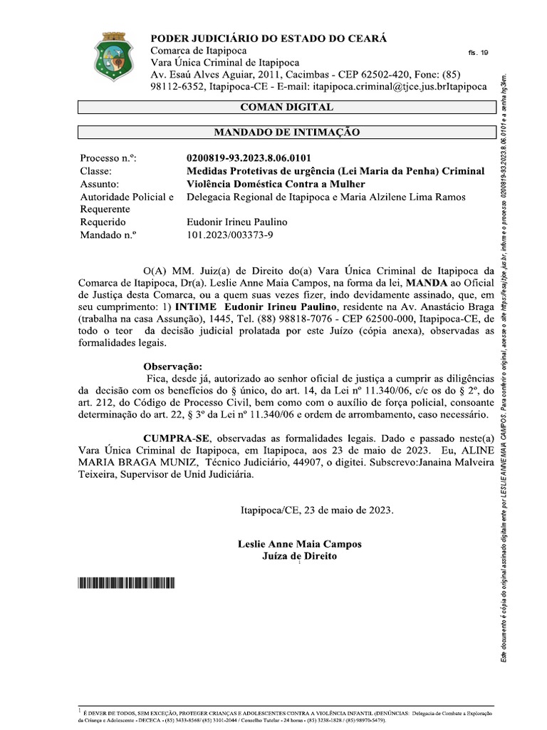 Mandado de Intimação - Eudonir Irineu Paulino | PDF