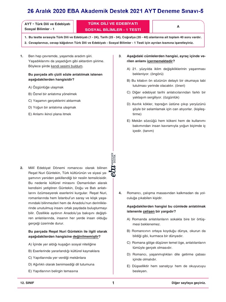 Eba Ayt Deneme-5 | PDF